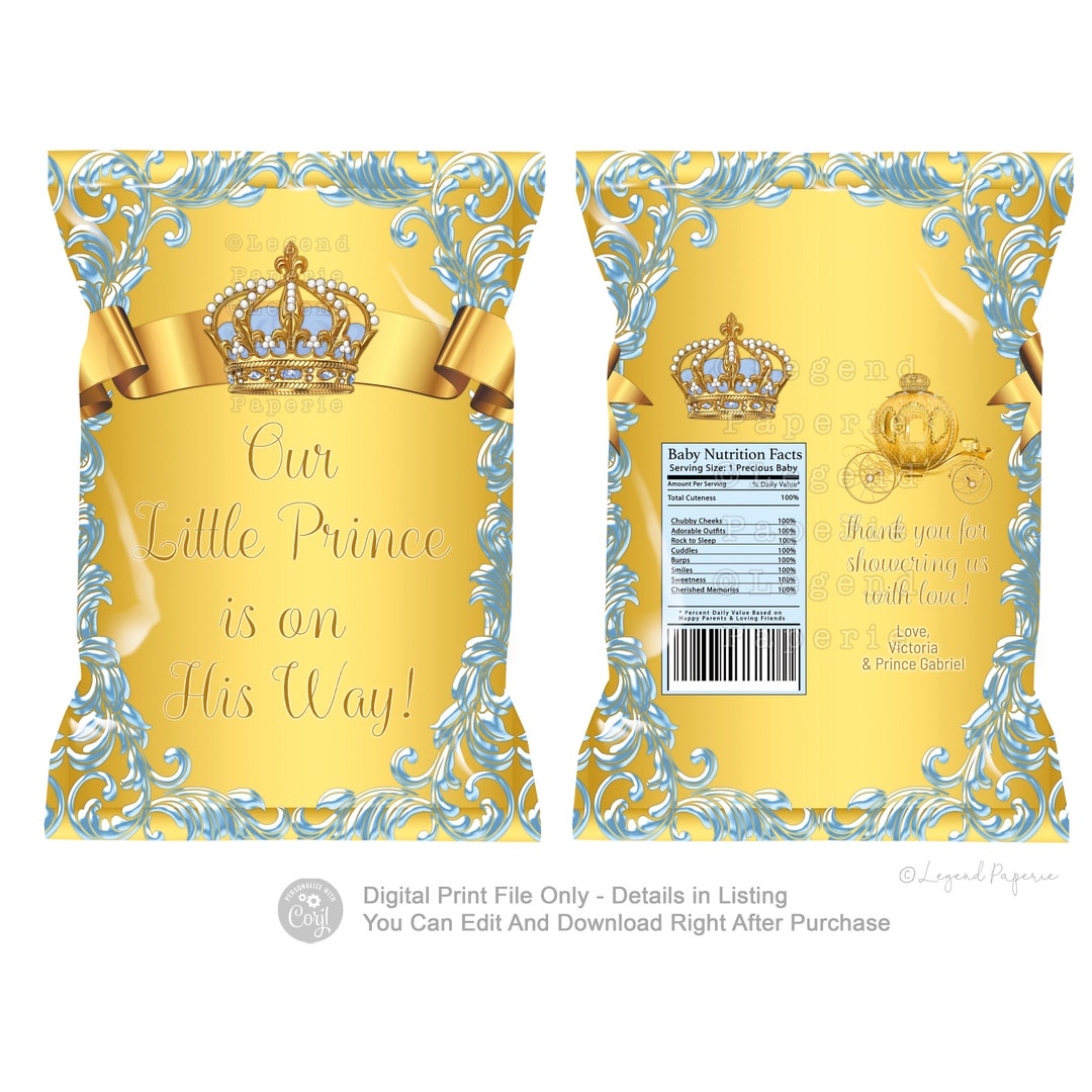 Prince Baby Shower Chip Bag Wrappersblue Gold Prince Chip Bag - Etsy
