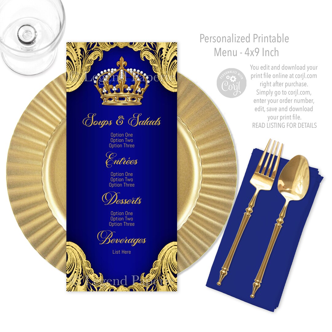 Royal Blue Gold Prince Menu - Blue Gold Baby Shower Menu - Prince Menu ...