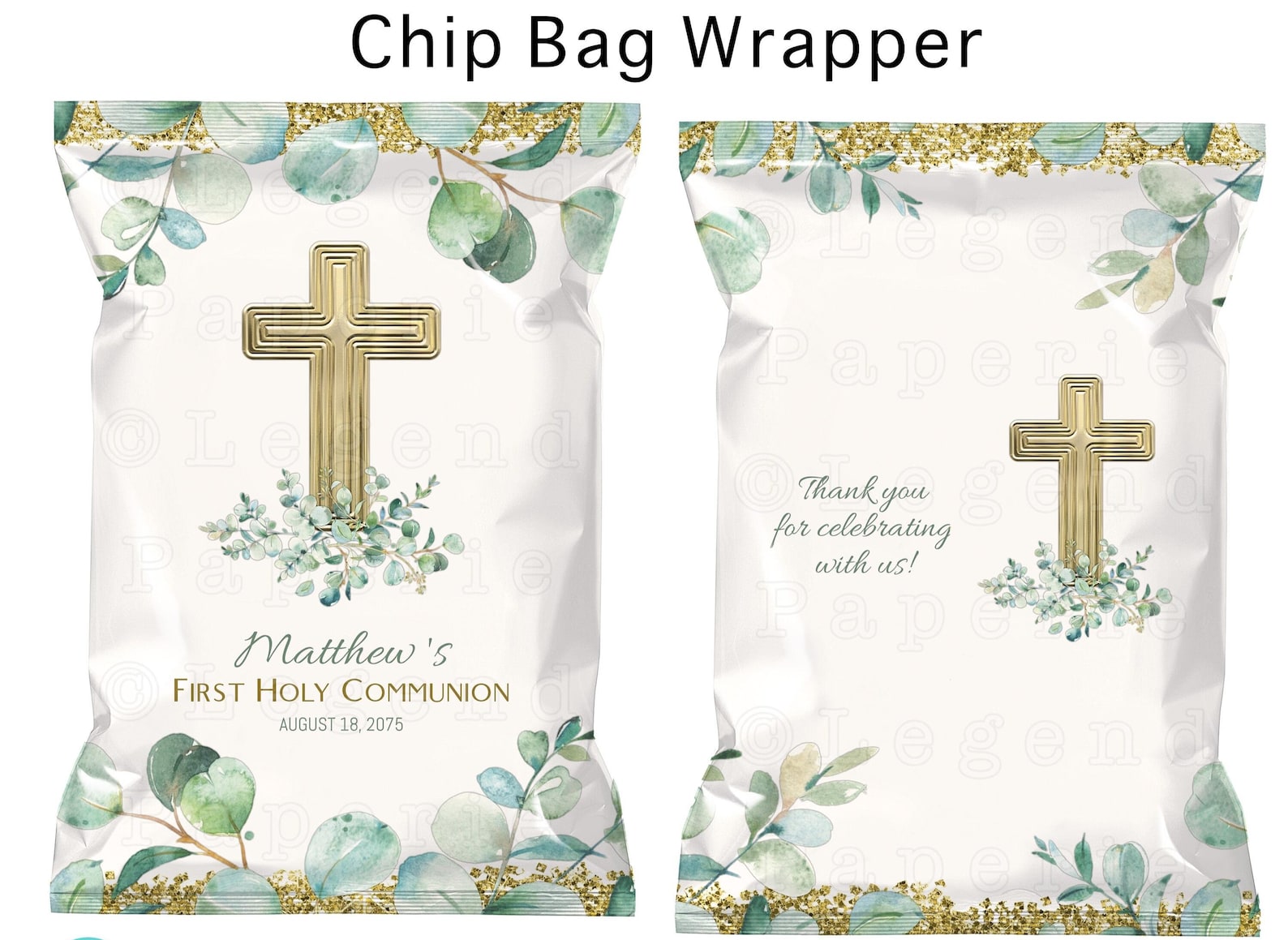 Eucalyptus First Communion Chip Bags: Gold Cross Favor (digital ...