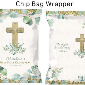 Eucalyptus First Communion Chip Bags: Gold Cross Favor (digital ...