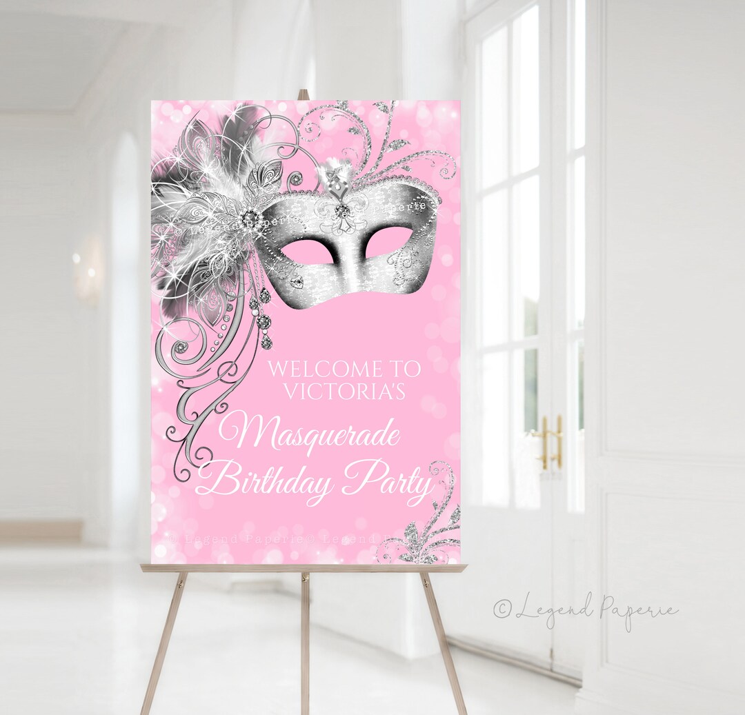 Pink Masquerade Party Welcome Sign: Silver Mask (digital Download) - Etsy