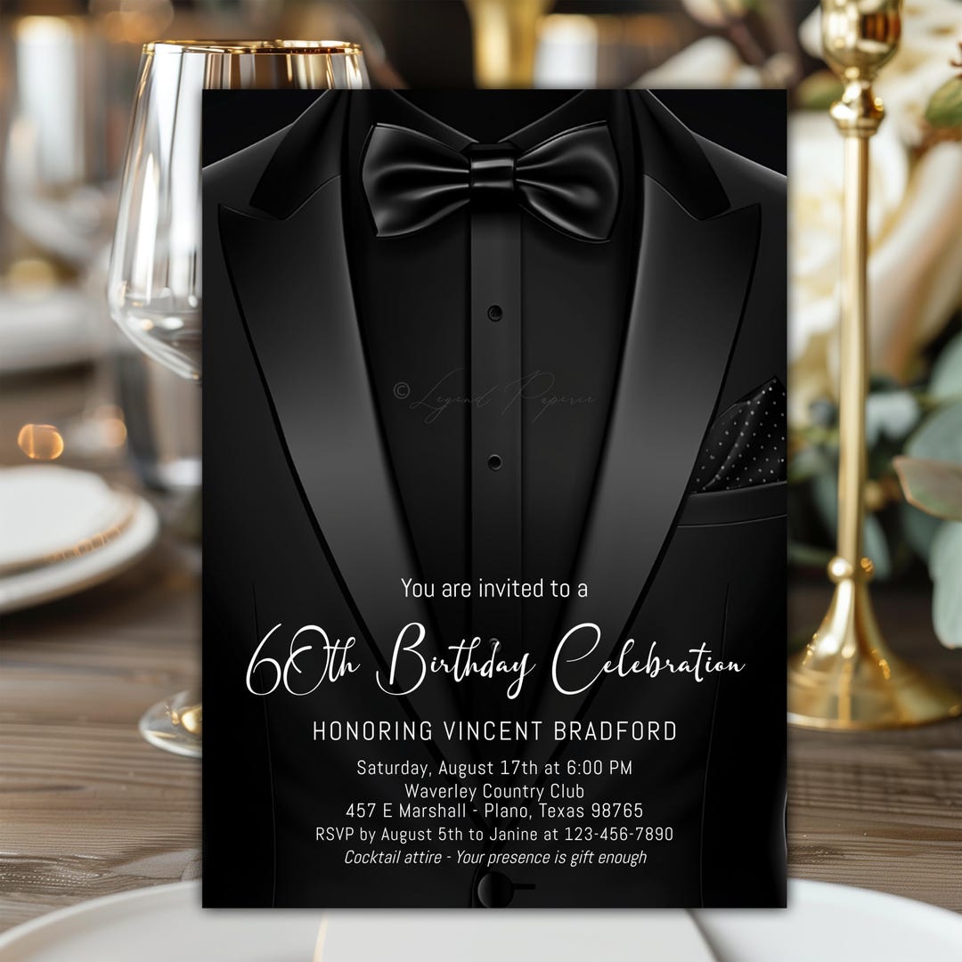 Black Tuxedo Invitation – Men’s Birthday, Black Tie, or Corporate Party ...