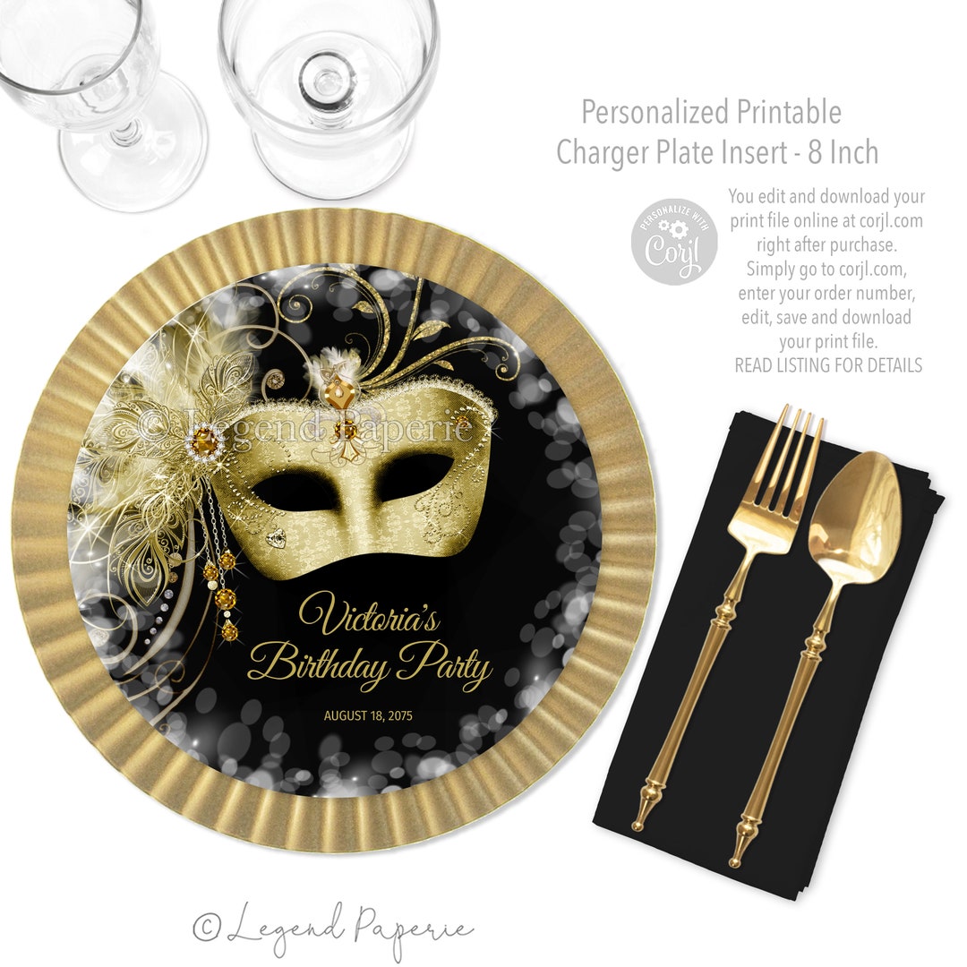 Masquerade Party Charger Plate Inserts: Gold Mask, Black White Bokeh ...