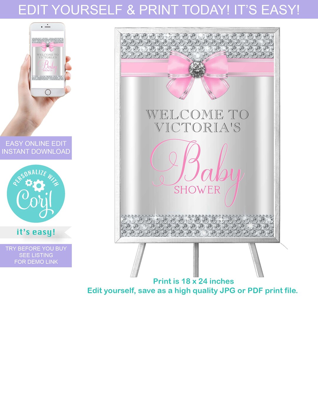 Pink & Silver Bling Baby Shower Welcome Sign (digital Download) - Etsy