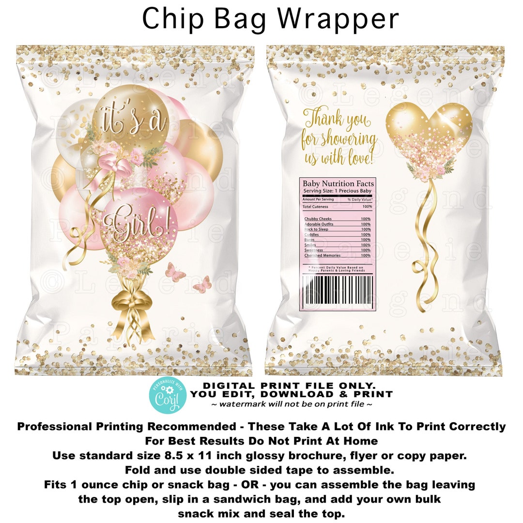 Girl Balloon Baby Shower Chip Bags,pink Gold Balloon Chip Bags,balloon ...