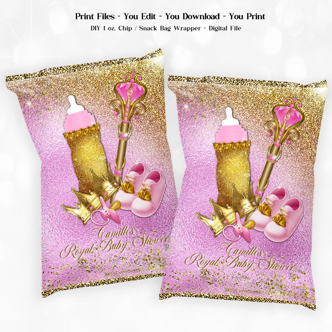 Pink Gold Princess Chip Wrapper, Princess Baby Shower Chip Bag Wrapper ...