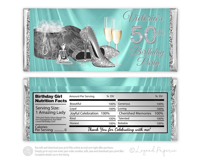 Teal Blue Birthday Candy Bar Wrapper: Silver Heels (digital File) - Etsy