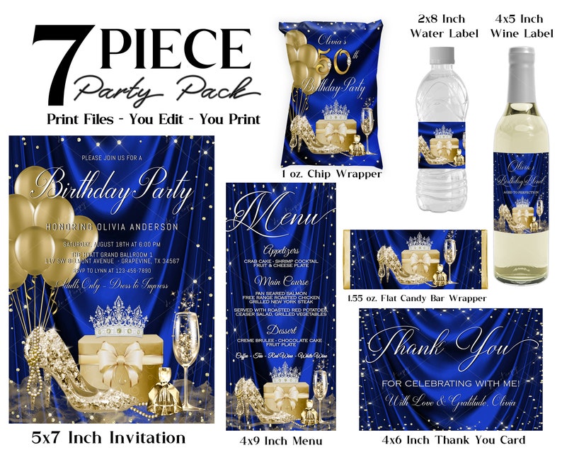 Royal Blue & Gold Birthday Party Bundle: Invitation, Menu, Labels ...