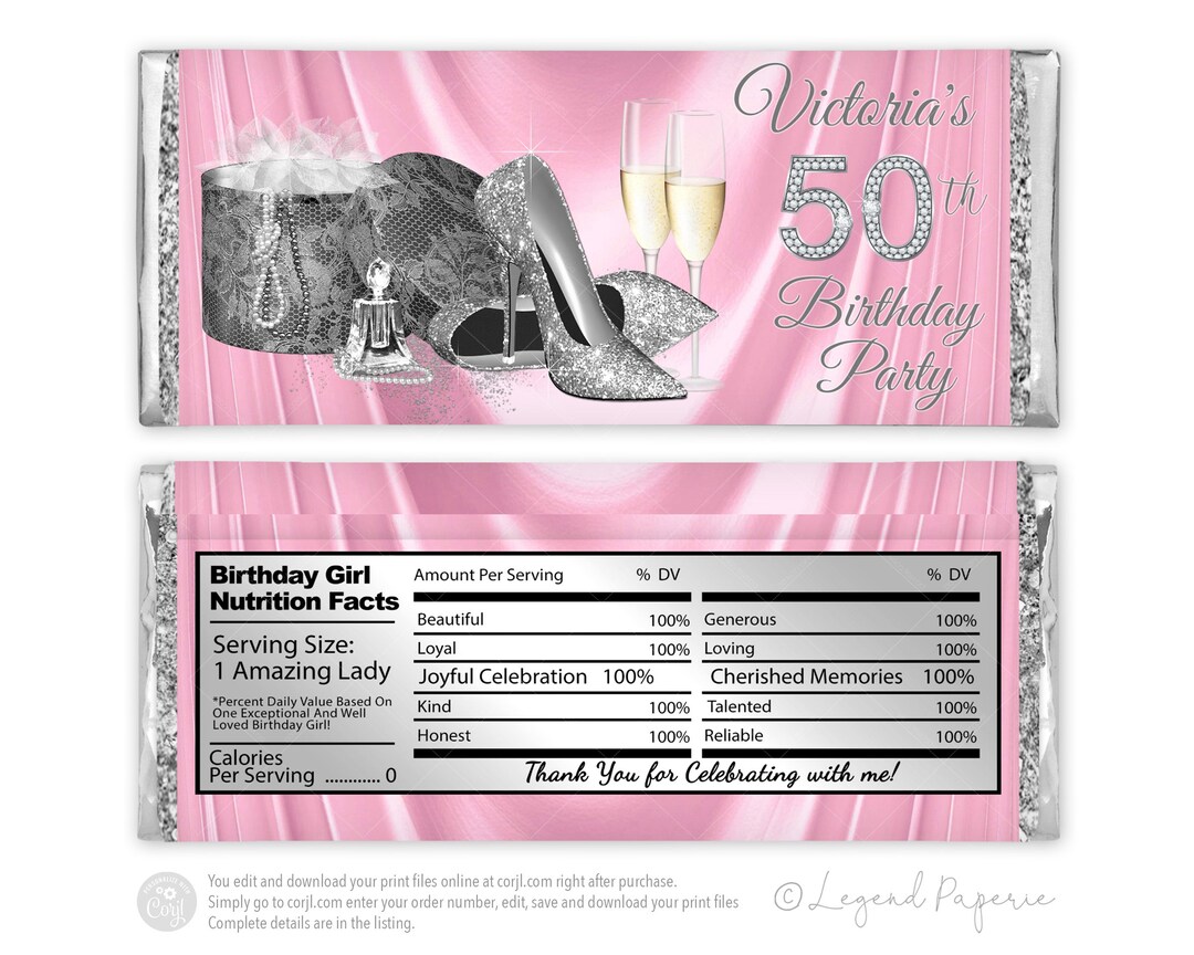 Womans Pink Silver Birthday Candy Bar Wrapper,pink Silver Candy Bar ...