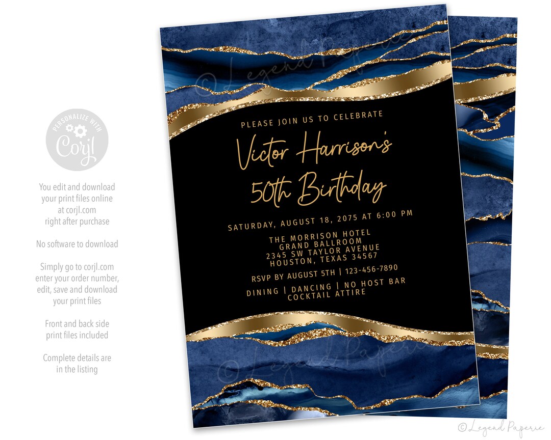 Mans Birthday Invitation,mens Birthday Invitation,mans Blue Gold ...