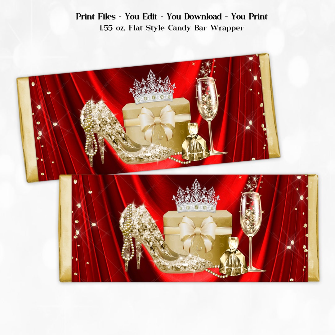 Red and Gold Birthday Candy Bar Wrapper: Heels, Tiara (digital File) - Etsy