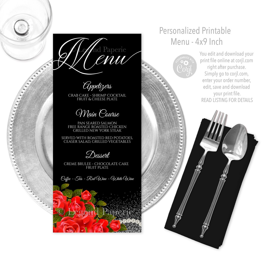 Womans Red Birthday Party Menu,red Rose Menu,womans Red Silver Birthday ...