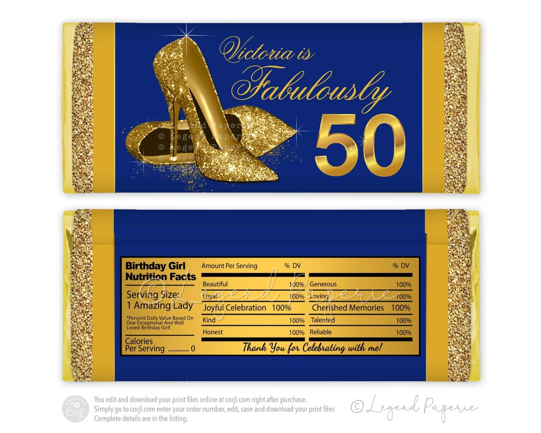 Royal Blue Gold Candy Bar Wrapper, Fabulous 50 Candy Bar Wrapper,gold ...