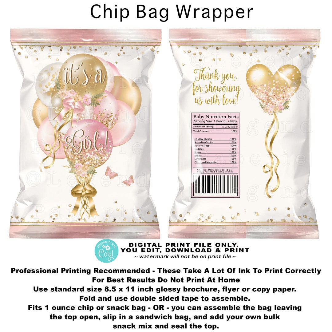 Girl Balloon Baby Shower Chip Bags,pink Gold Balloon Chip Bags,balloon ...