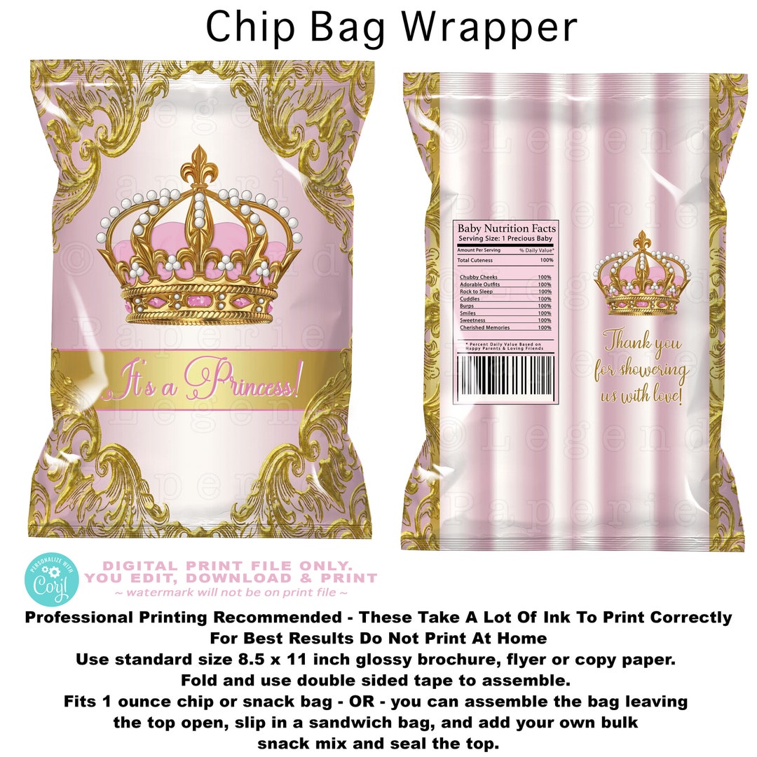 Princess Chip Bags,princess Baby Shower Chip Bag,pink Gold Princess ...