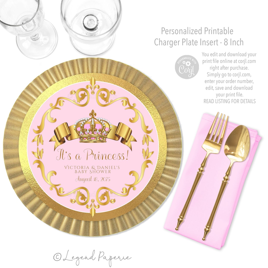 Princess Baby Shower Charger Plate Insert: Pink & Gold Crown (digital ...