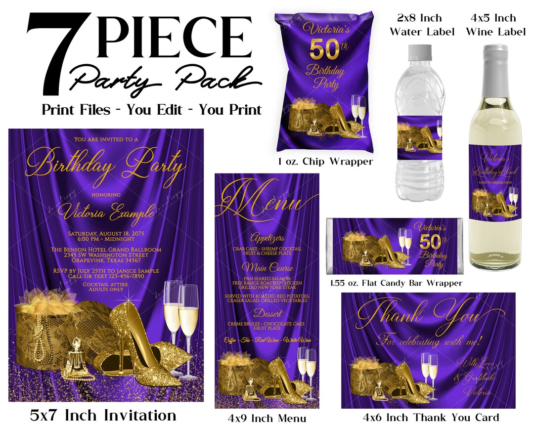 Womans Purple Gold Birthday Party Bundle, Purple Gold Birthday Bundle ...