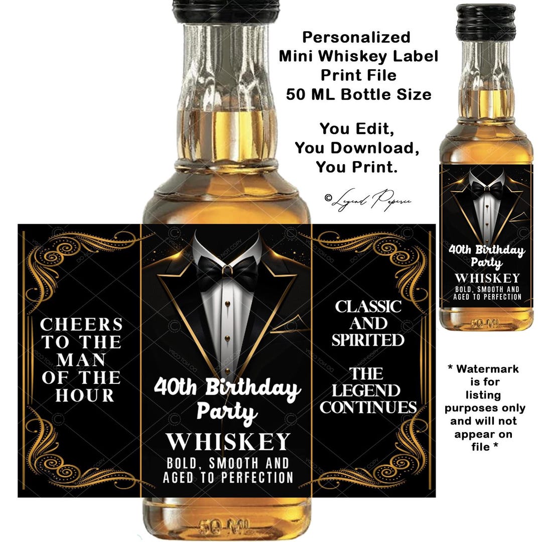 Black & Gold Tuxedo Mini Whiskey Label Template (digital Download ...
