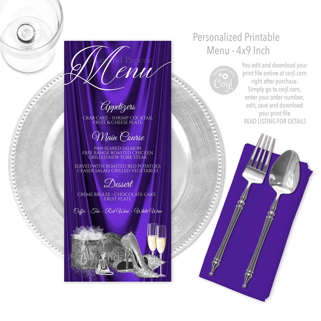 Woman Purple Silver Birthday Menu, Purple Menus, Womans Purple Silver ...