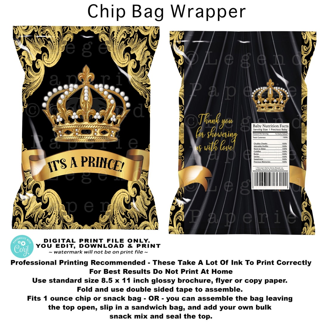 Black Gold Prince Baby Shower Chip Bags,prince Chip Bags,prince Chip ...