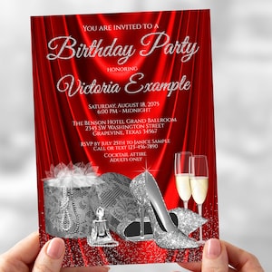 Womans Red Silver Birthday Invitation,red Silver Invitations,woman High ...