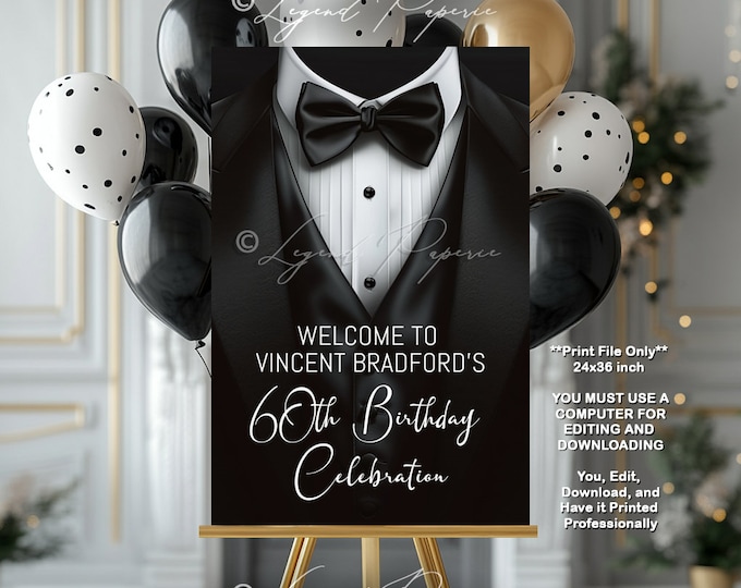 Birthday Welcome Sign, Personalized Black and Gold Tuxedo/suit Birthday ...