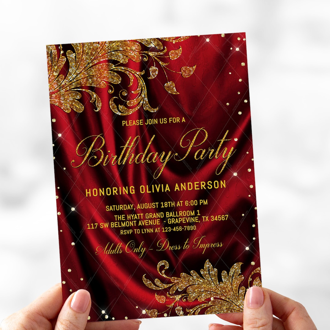 Burgundy Gold Birthday Party Invitation, Woman Burgundy Gold Birthday ...