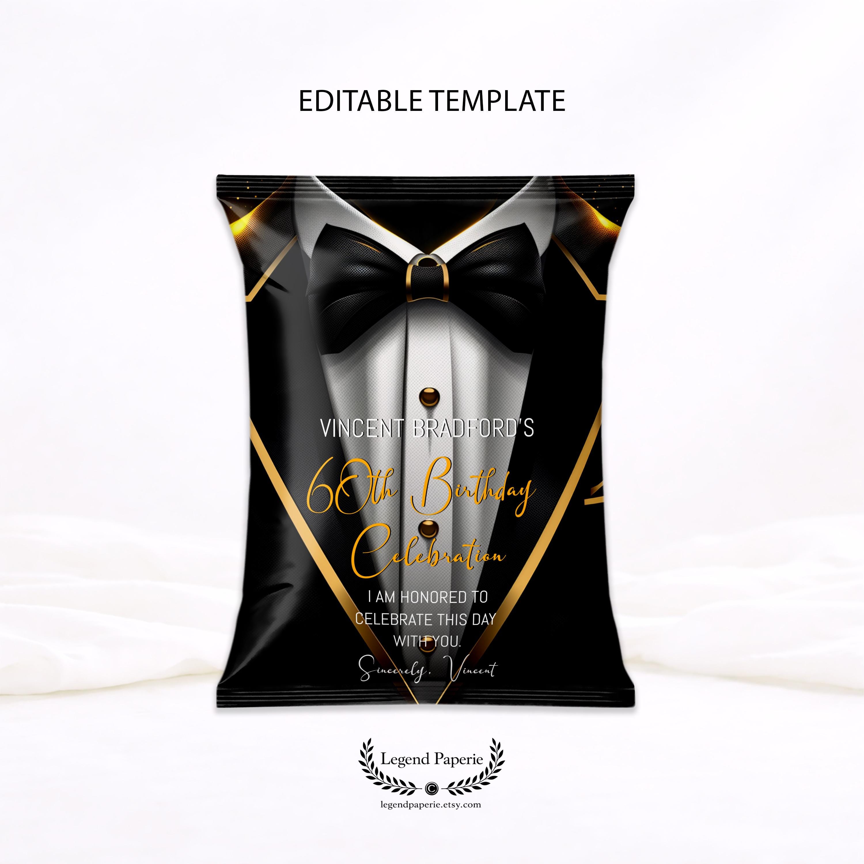 Black Gold Tuxedo Chip Bag Template Editable Mens Birthday Party Favor ...