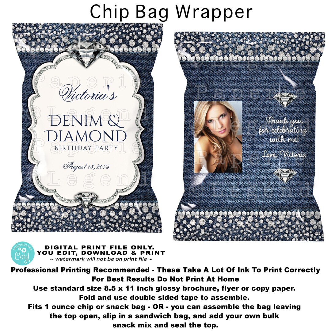 Denim and Diamond Birthday Party Chip Bag Wrapper (digital File) - Etsy