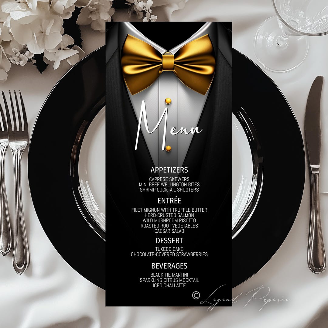 Gold Bow Tie Tuxedo Menu Template: Elegant Black Tie Event (editable ...