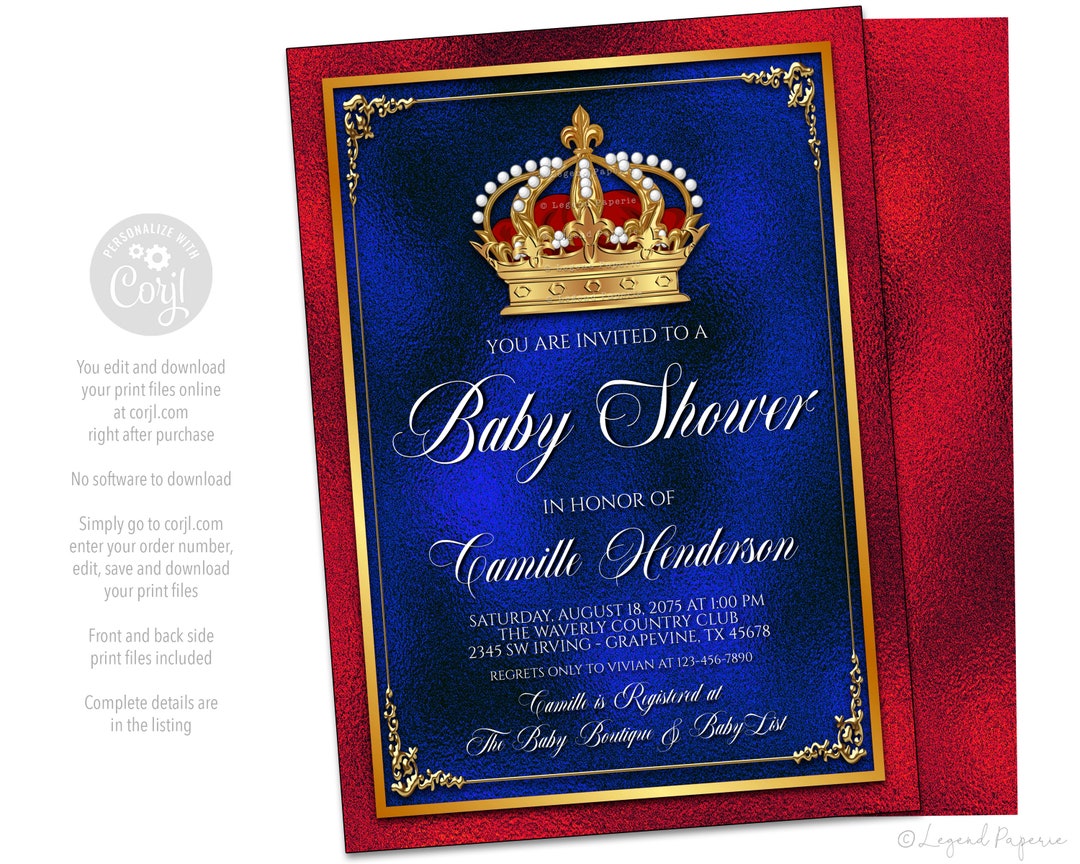 Royal Prince Baby Shower Invitation: Red, Blue & Gold (digital Download ...