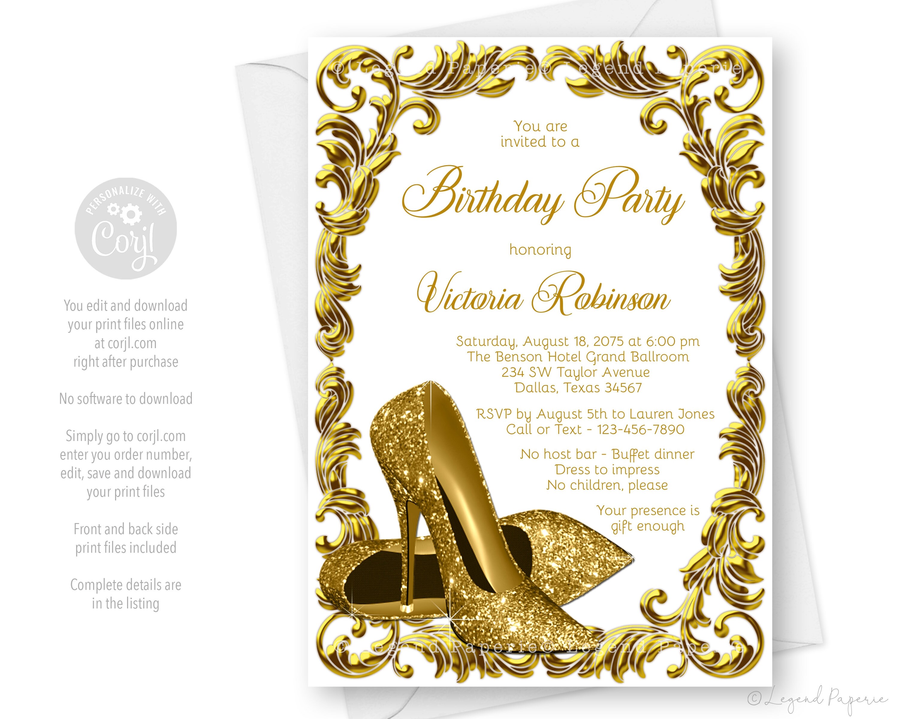 High Heel Shoe Birthday Party Invitationgold High Heel - Etsy
