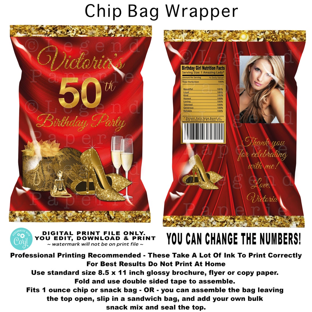 Womans Red Gold Birthday Party Chip Bags,any Number,red Gold Chip Bag ...