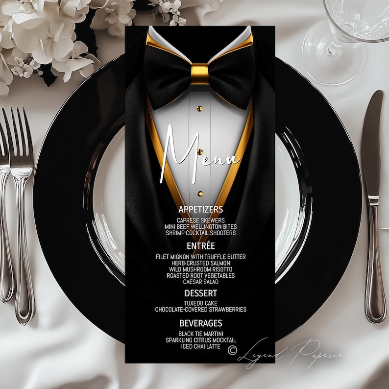 Black and Gold Tuxedo Menu Template: Formal Event, 4x9 Inch (corjl ...