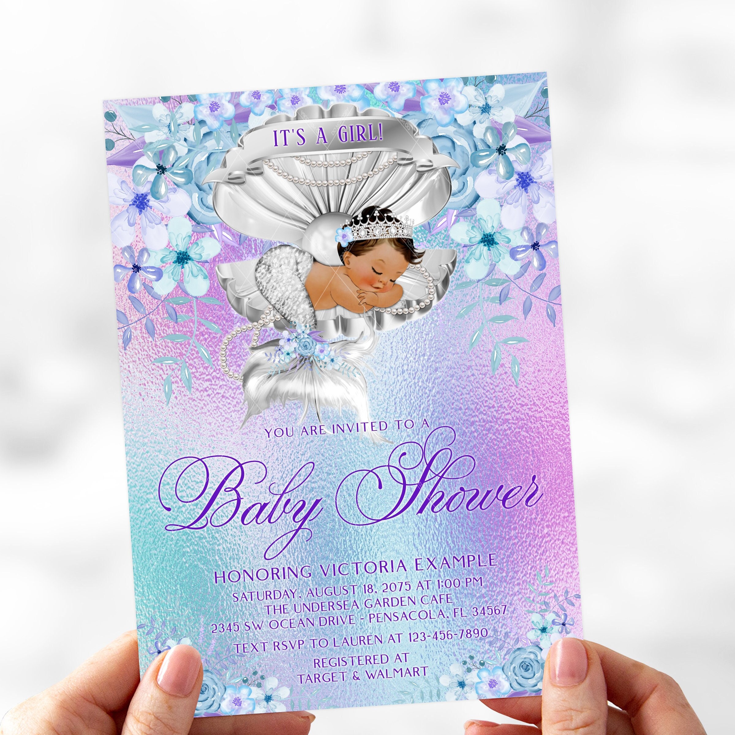 Sleeping Mermaid Baby Shower Invitation: Purple Teal Floral - Etsy