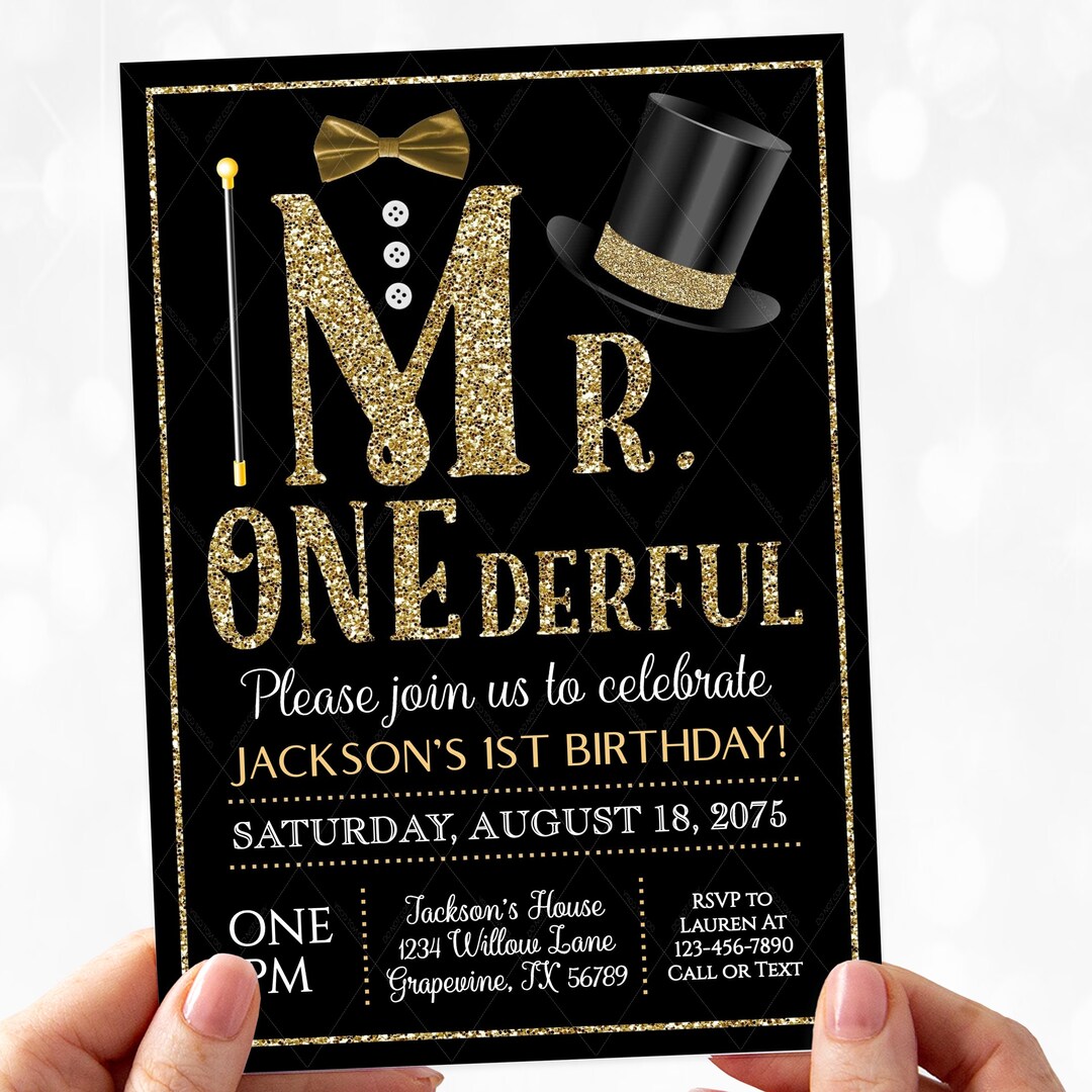 Mr. Onederful 1st Birthday Invitation: Black & Gold Bowtie - Etsy