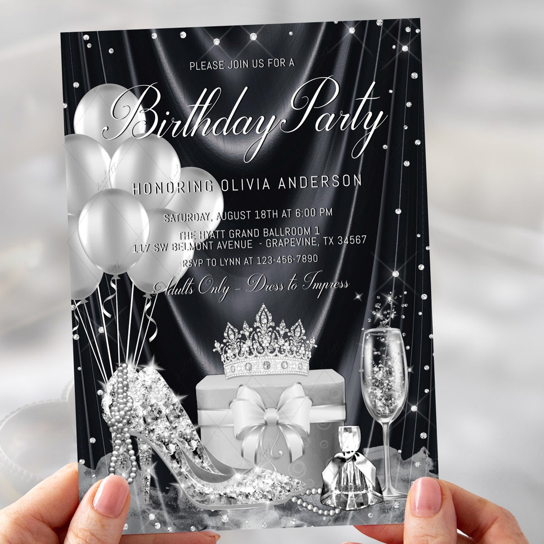 Womans Elegant Black Silver Birthday Invitation, Womans Black Silver ...
