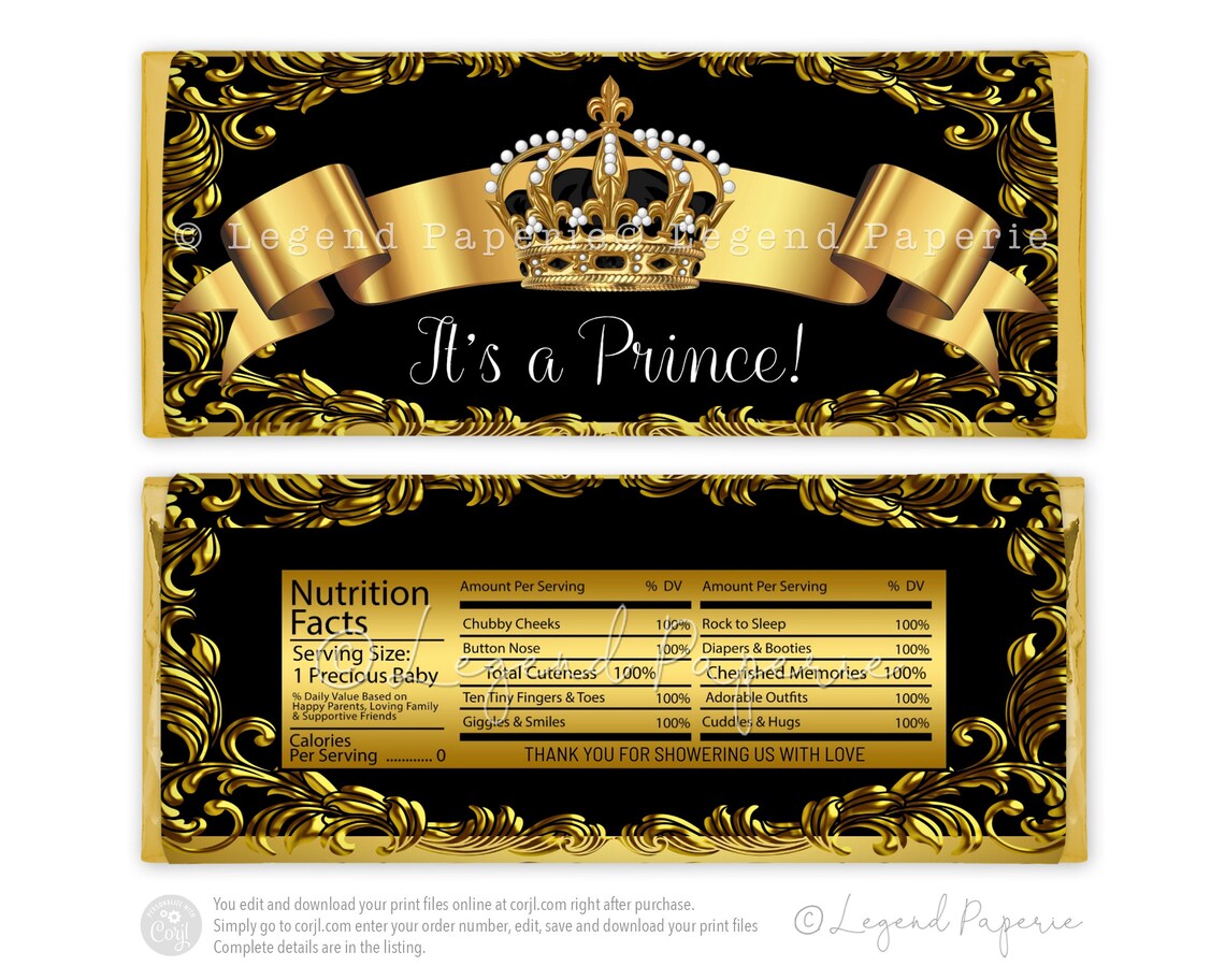 Prince Baby Shower Candy Bar Wrapperblack Gold Prince Baby | Etsy