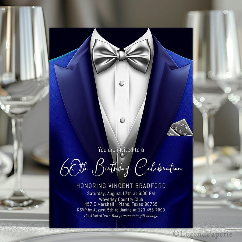 Invitación de esmoquin azul rey y plateado: elegante fiesta de ...