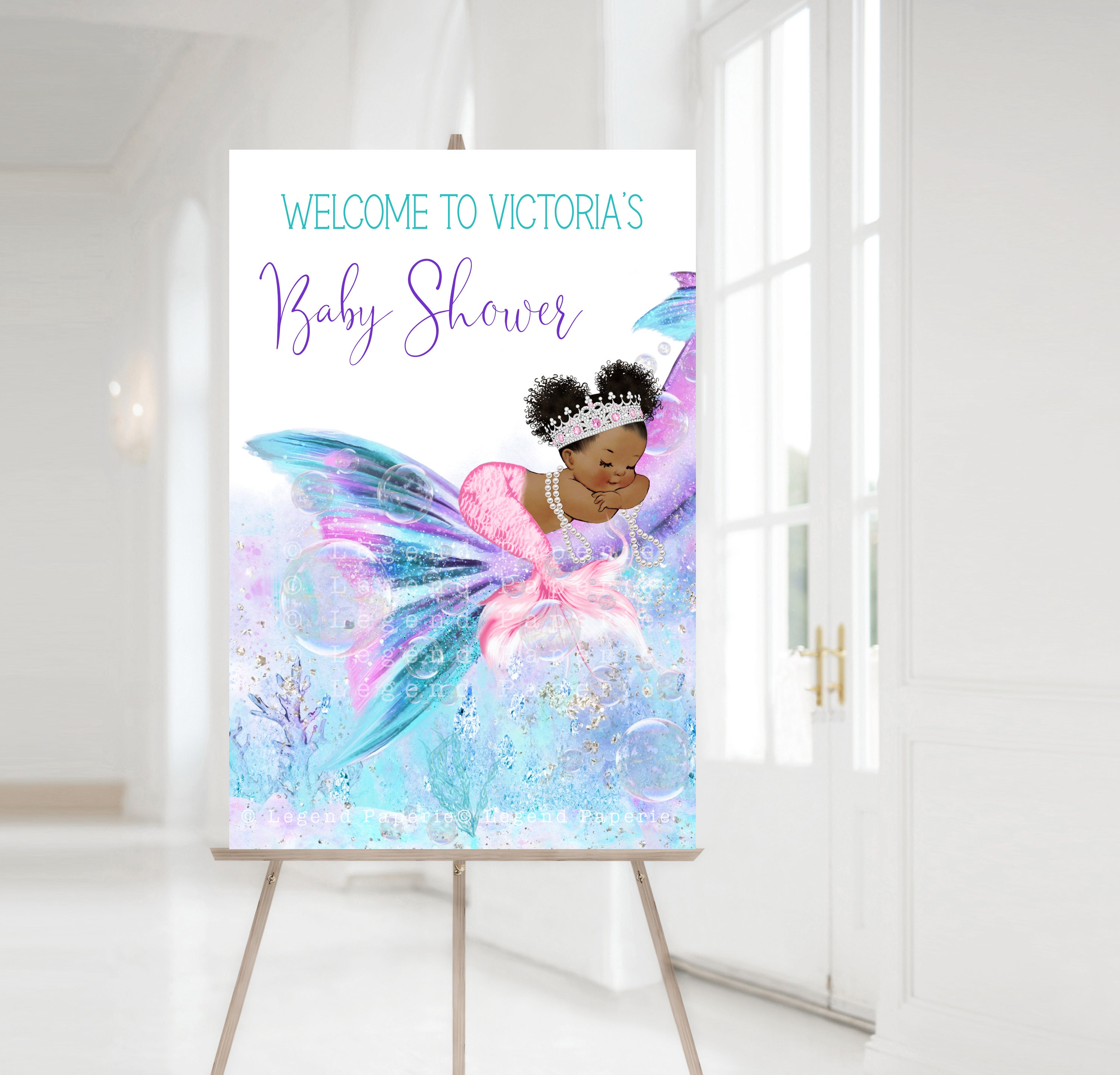 Afro Mermaid Baby Shower Welcome Sign: Pastel Under the Sea (digital ...