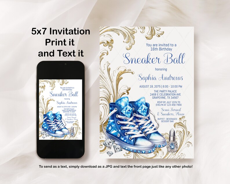 Blue Sneaker Ball Birthday Invitation: Gold Swirls (digital Download ...