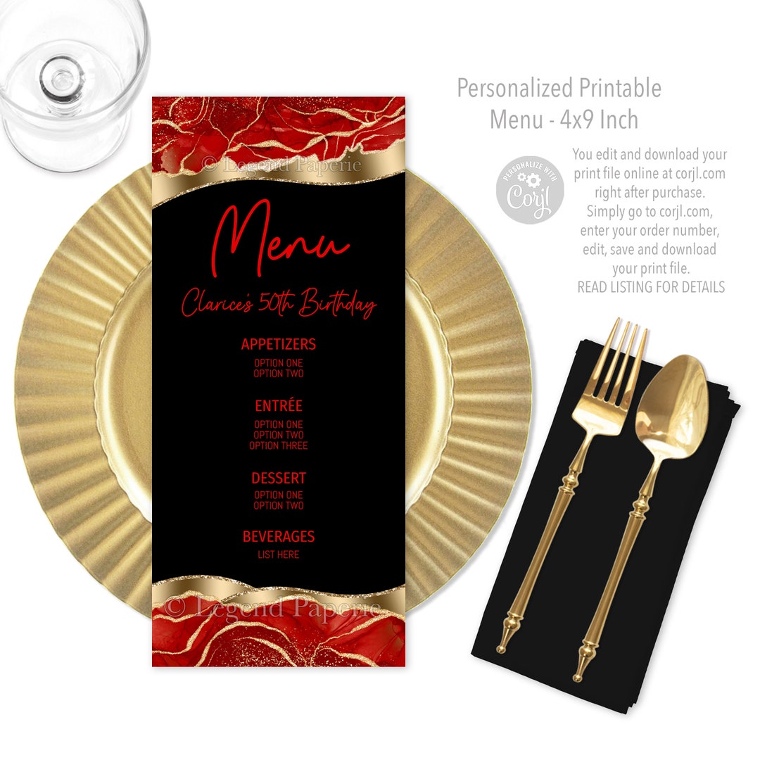 Red and Gold Glitter Birthday Menu (4x9 Inch Digital) - Etsy