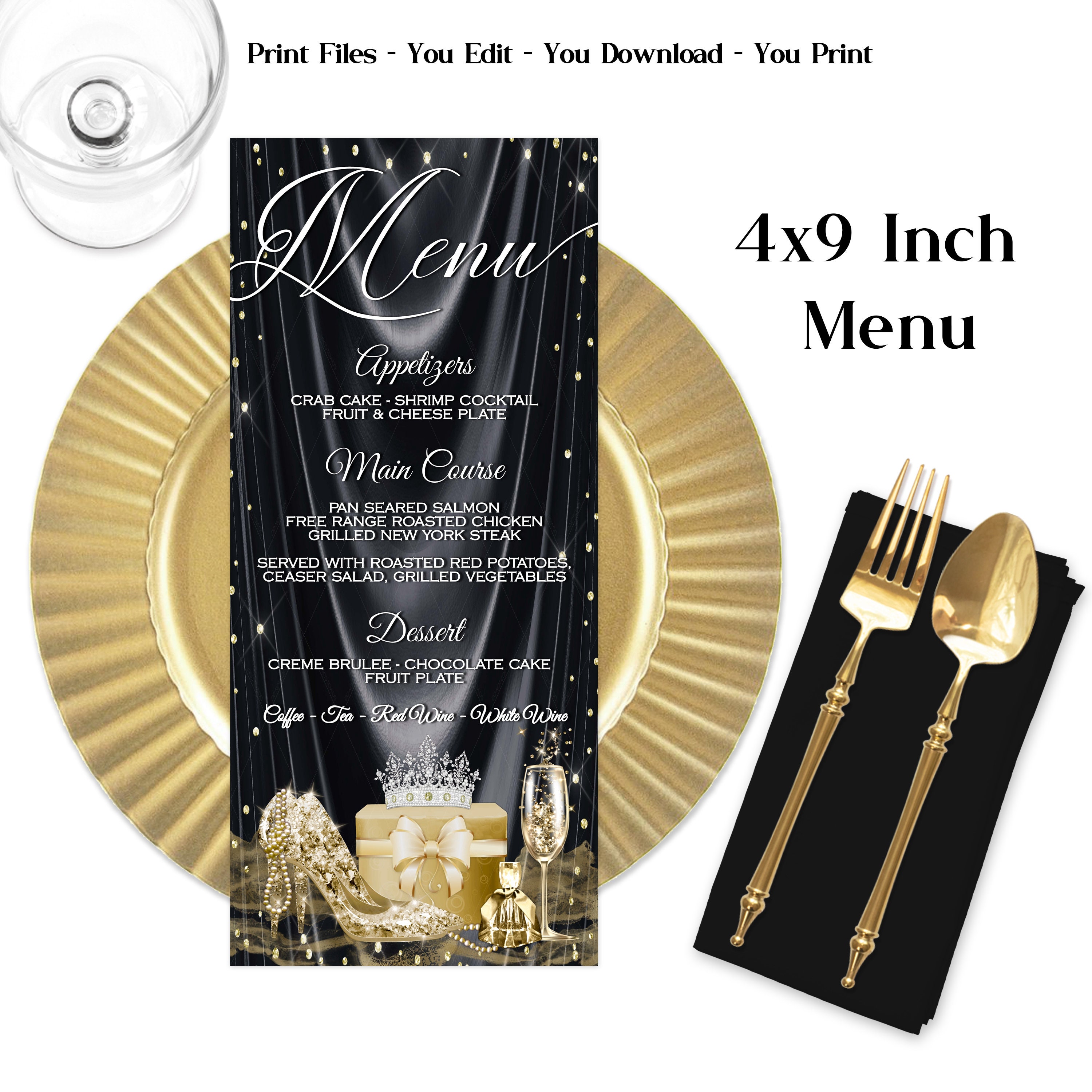 Womans Black Gold Birthday Party Menu Black Gold Menus - Etsy
