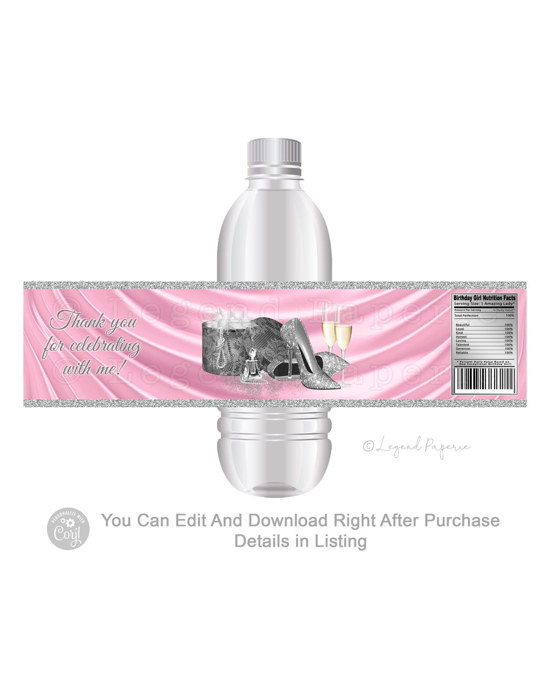 Woman Pink Silver Birthday Water Bottle Labels, Woman Pink Silver ...