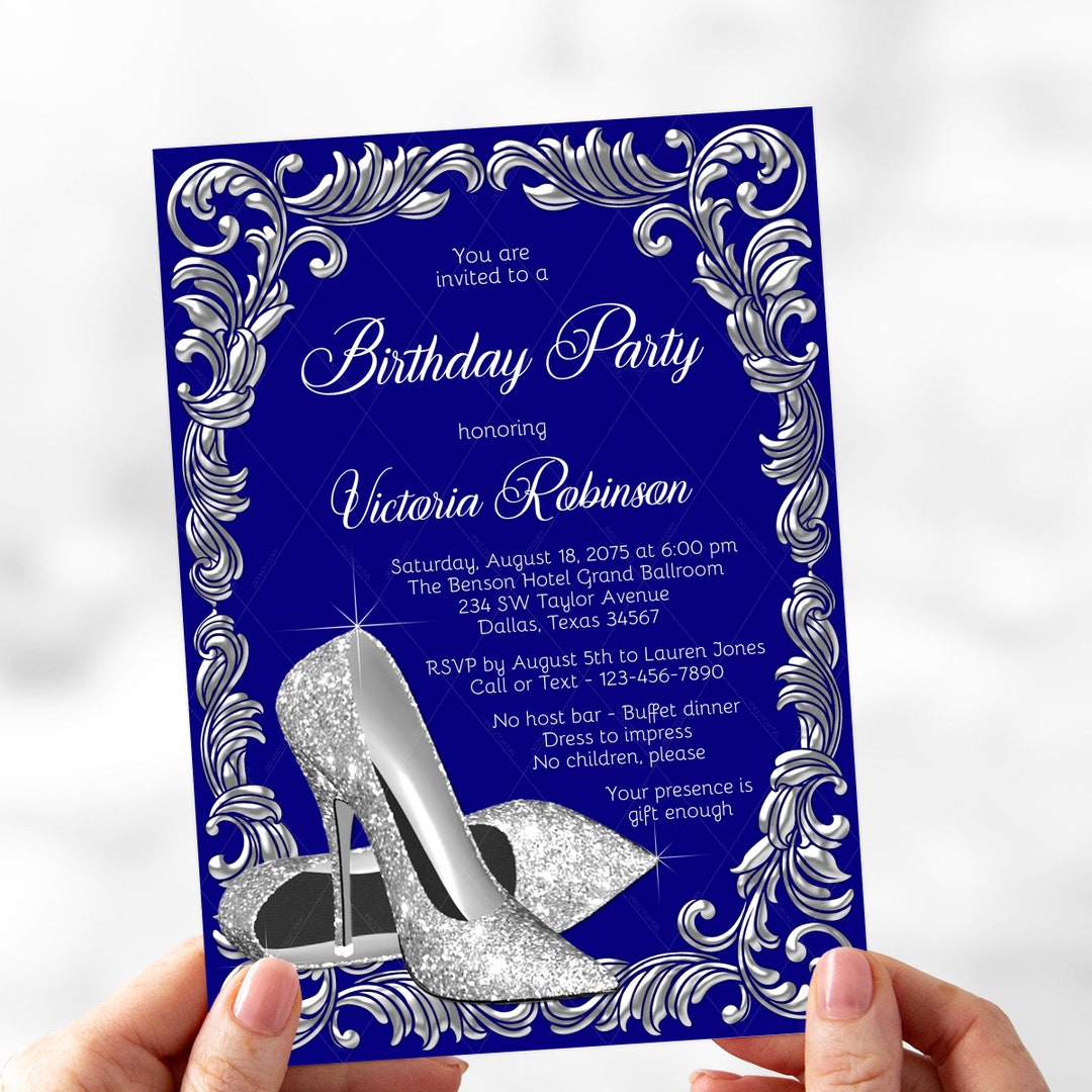 Womans Royal Blue Silver Birthday Party Invitation,silver High Heel ...