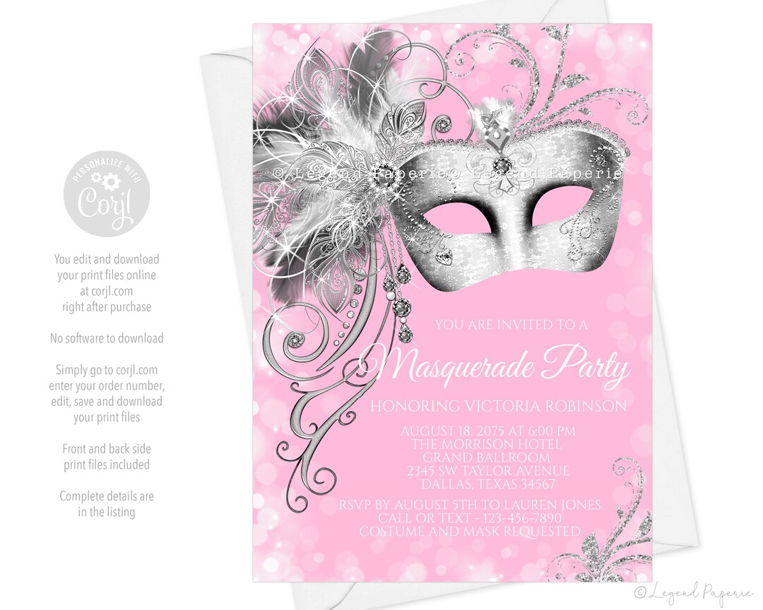 Pink Masquerade Party Invitation,woman Masquerade Birthday Party ...