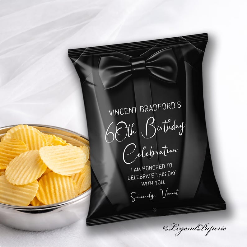 Black Tuxedo Chip Bag Template Mens Birthday Party Favor Editable Snack ...