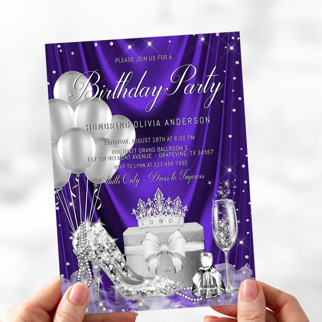 Womans Elegant Purple Silver Birthday Invitation, Womans Purple Silver ...