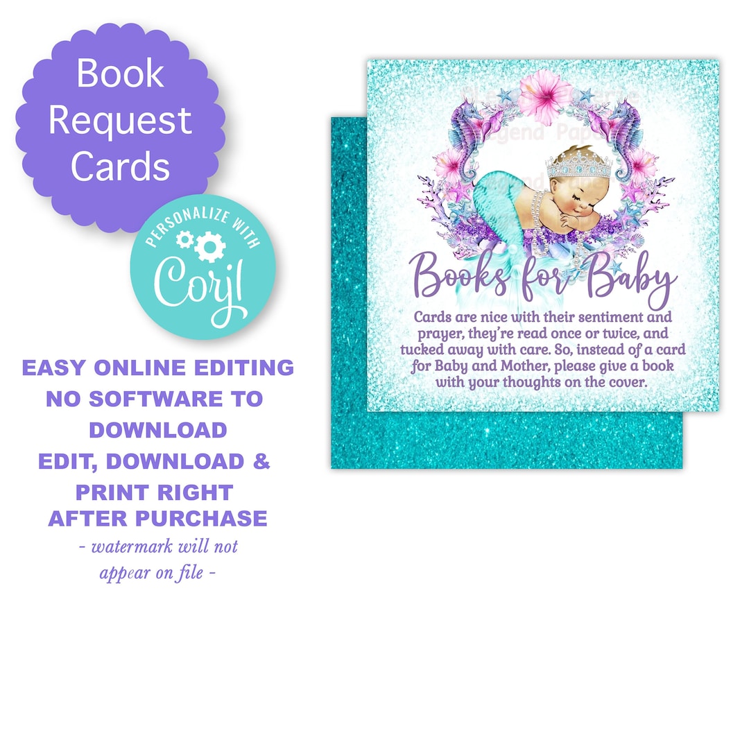 Tarjetas de solicitud de libro para baby shower de sirena (descarga ...