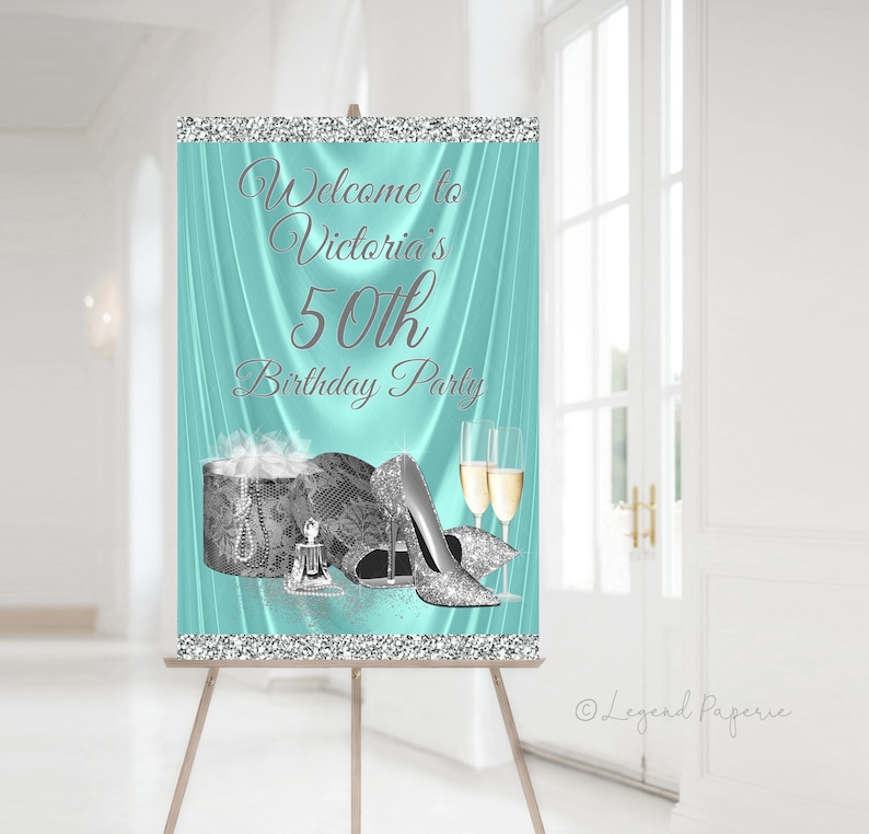 Woman Teal Blue Silver Welcome Sign Blue Silver Party Welcome - Etsy